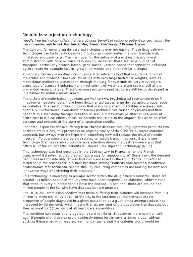 Needle Free Injection Technology | PDF | Injection (Medicine) | Medical ...