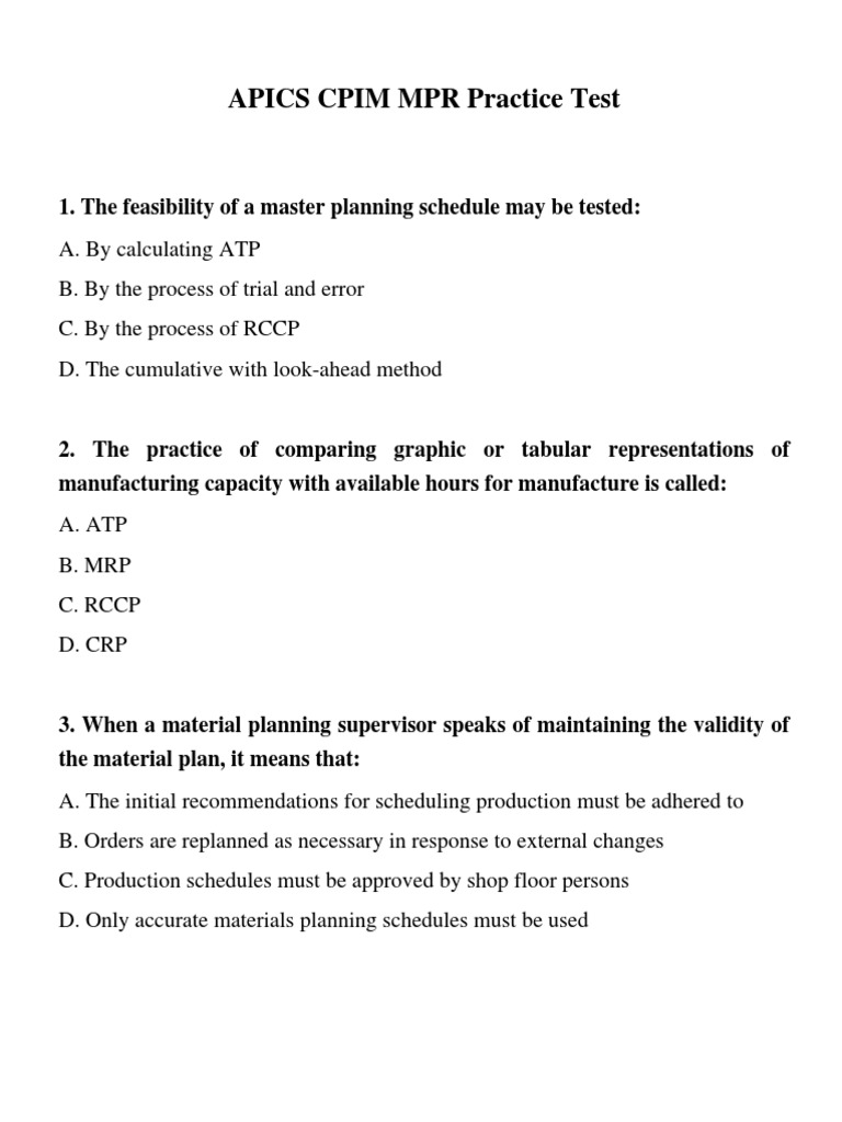 APICS CPIM MPR Practice Test | Warehouse | Inventory