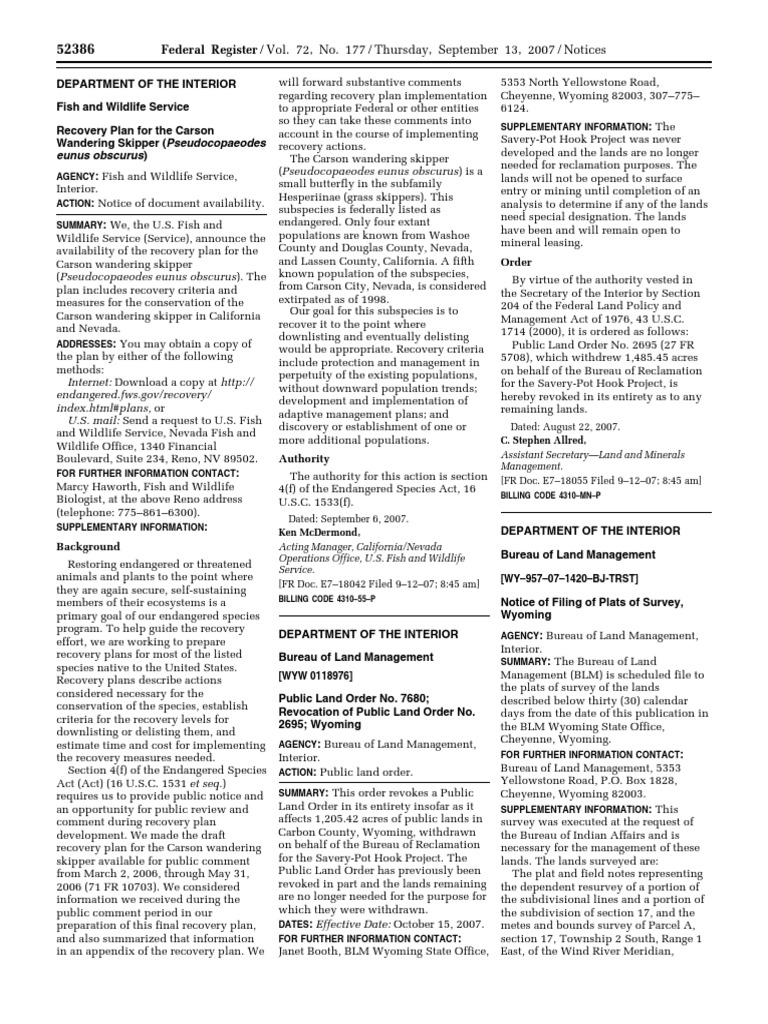 Notice: Endangered and Threatened Species: Recovery Plans— Carson ...