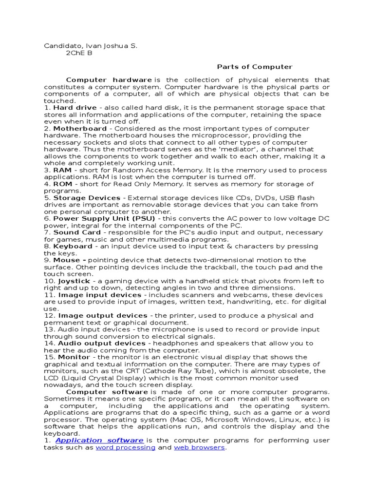 Parts of Computer Computer Hardware Is The Collection of Physical ...