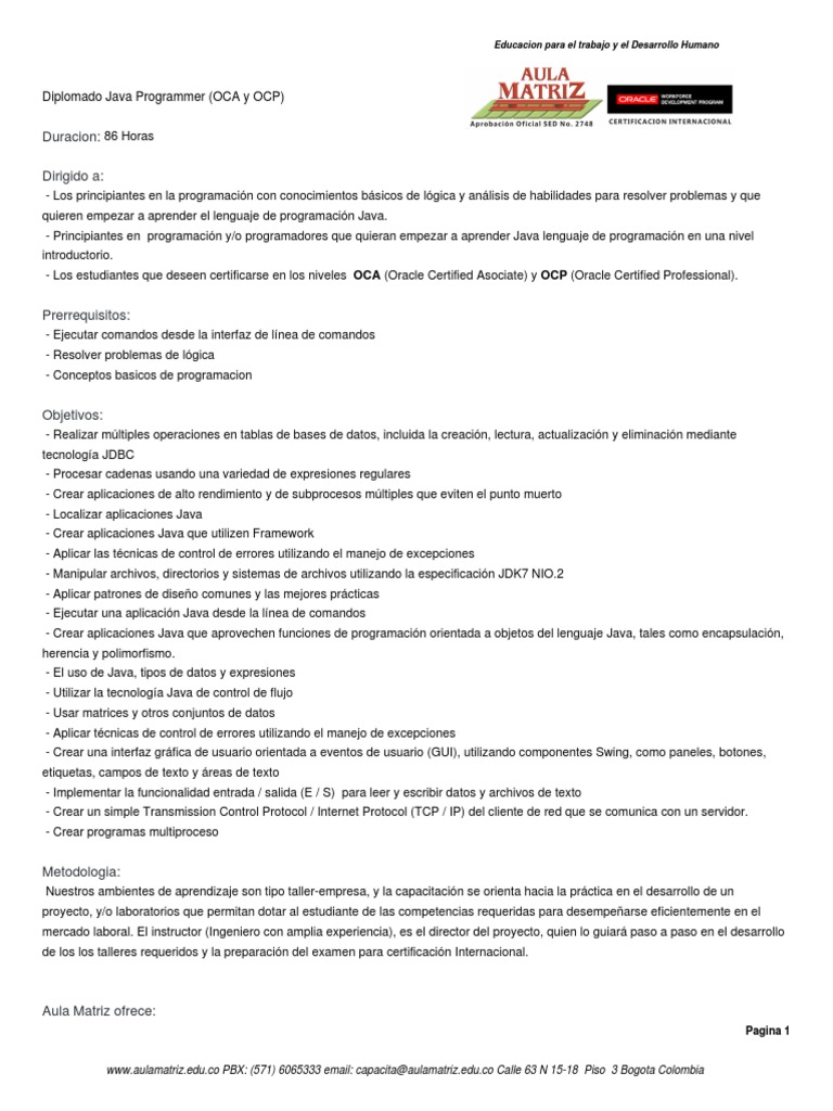 Capacitacion Diplomado Java Programmer (OCA y OCP) PDF | PDF | Método ...