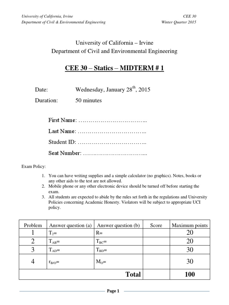 ENGR/CEE/MAE 30 W15: Midterm | PDF | Science & Mathematics