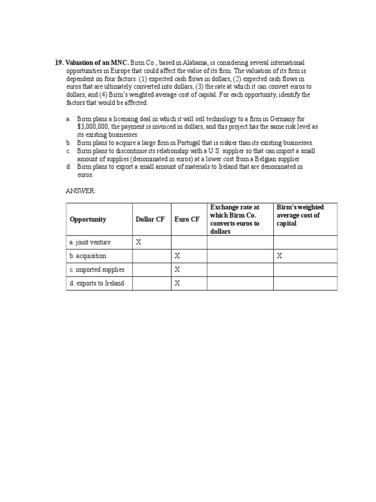MNC Valuation Factors for Birm Co. | PDF