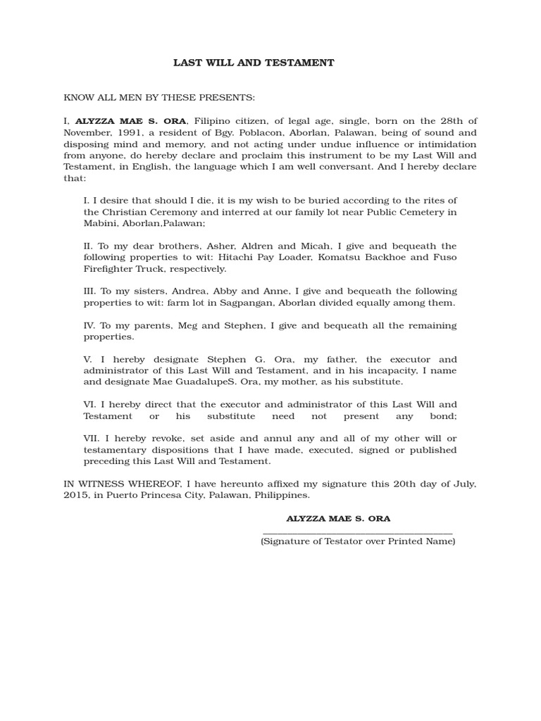 Last Will and Testament Template | PDF | Will And Testament | Civil Law ...