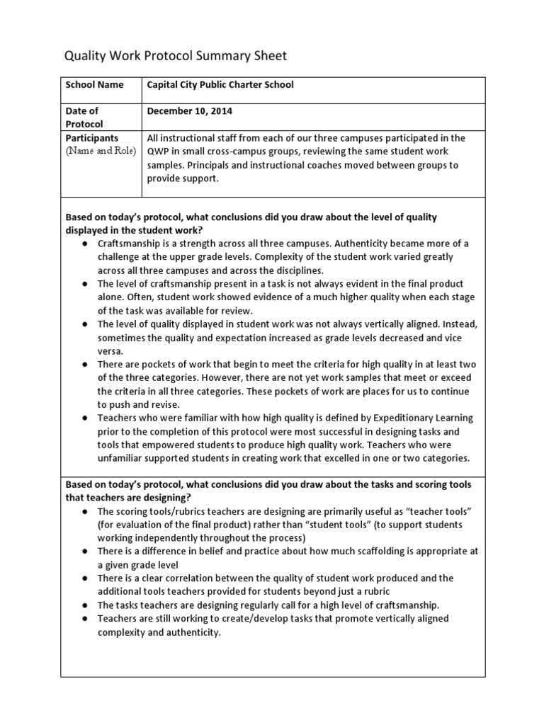 Fall Quality Work Protocol Summary Sheet | PDF | Rubric (Academic ...