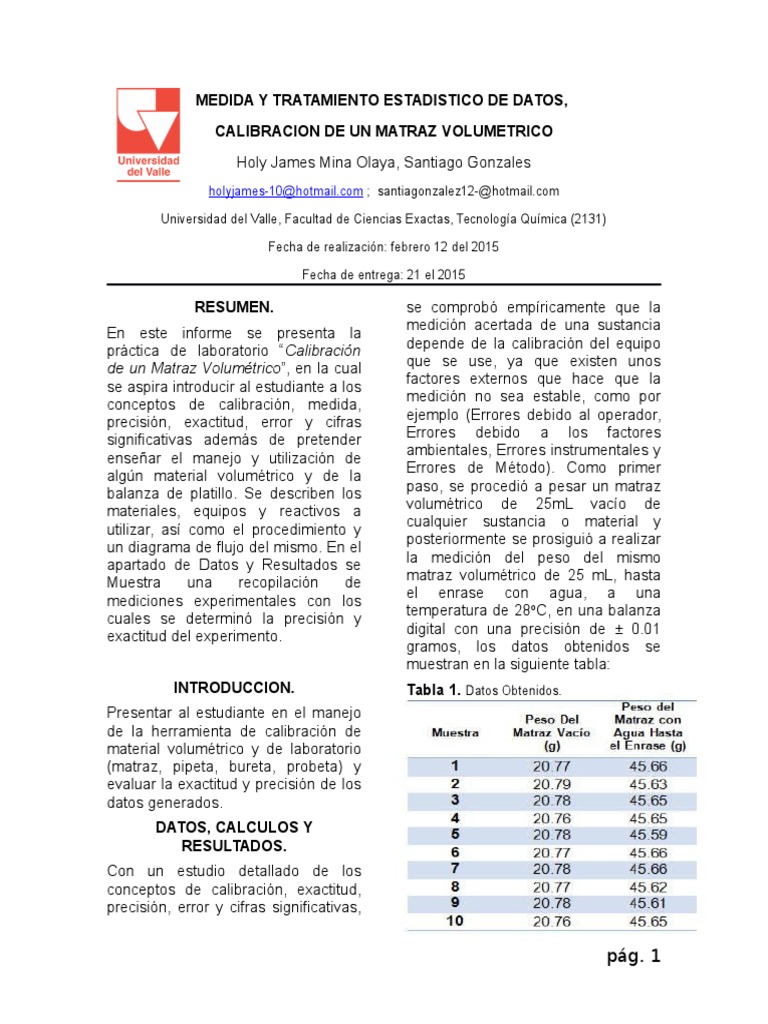 Calibracion de Un Matraz Volumetrico | PDF | Valoración | Química