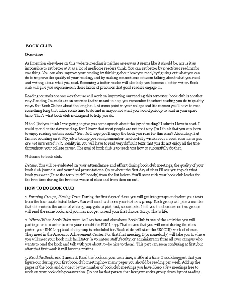 Book Club Assignment Sheet | PDF | Books