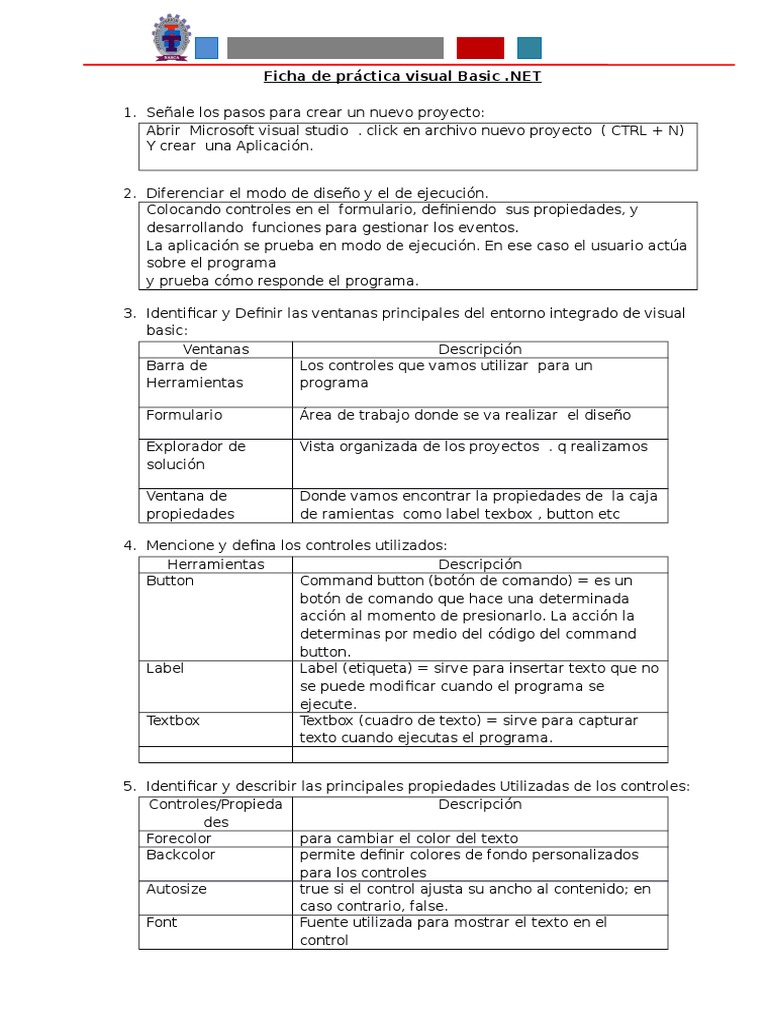 Ficha de Práctica Visual Basic 1 | PDF | Programa de computadora | Programación