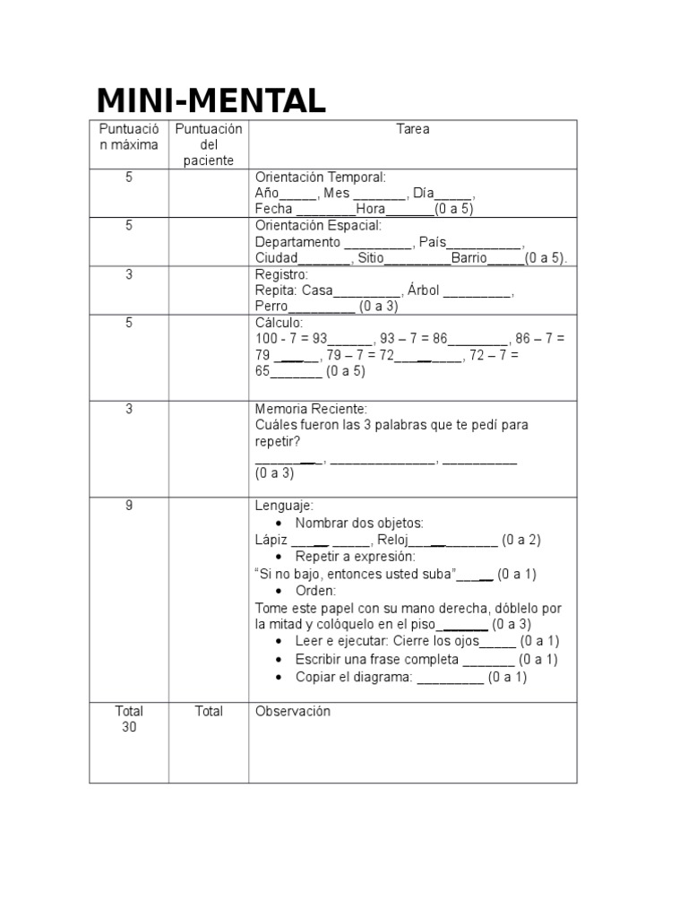 Mini Mental | PDF | Asunto (gramática) | Cognición