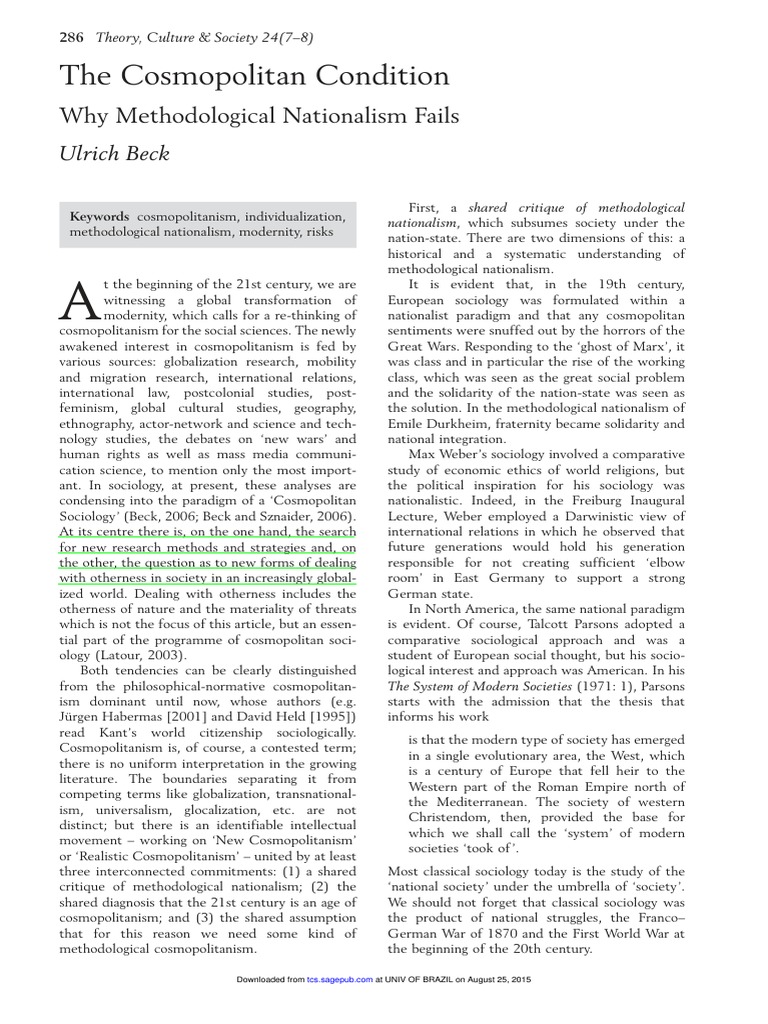 Beck - Theory Culture Society | PDF | Cosmopolitanism | Sociology