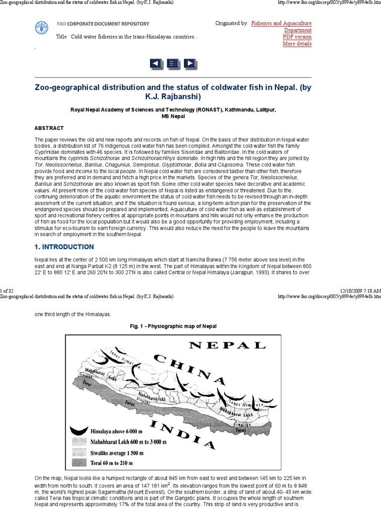 Zoo-Geographical Distribution and The Status of Coldwater Fish in Nepal ...