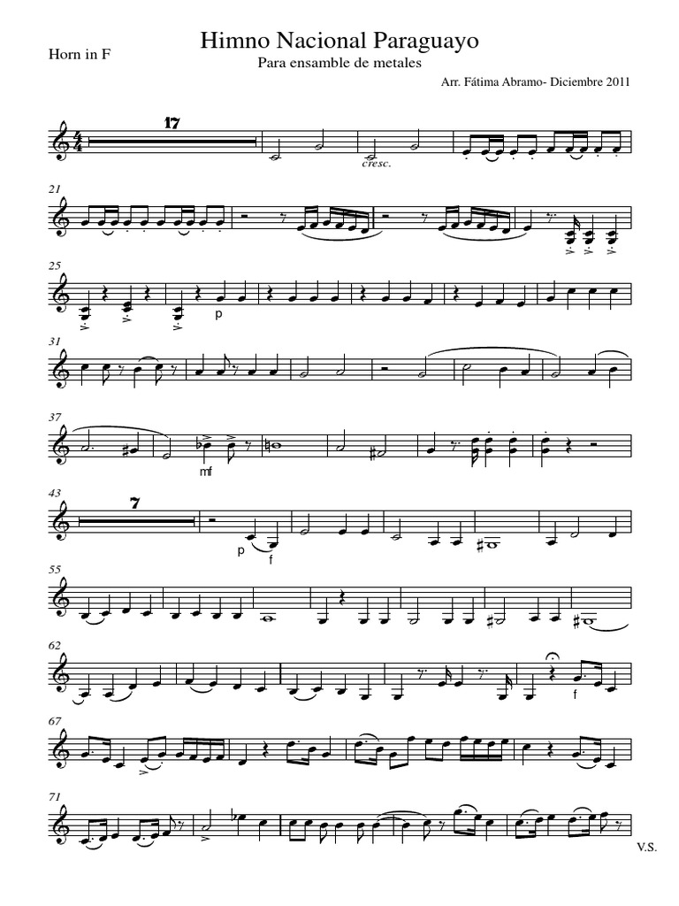 Himno Nacional Paraguayo - Ensamble de Metales - Horn in F | PDF