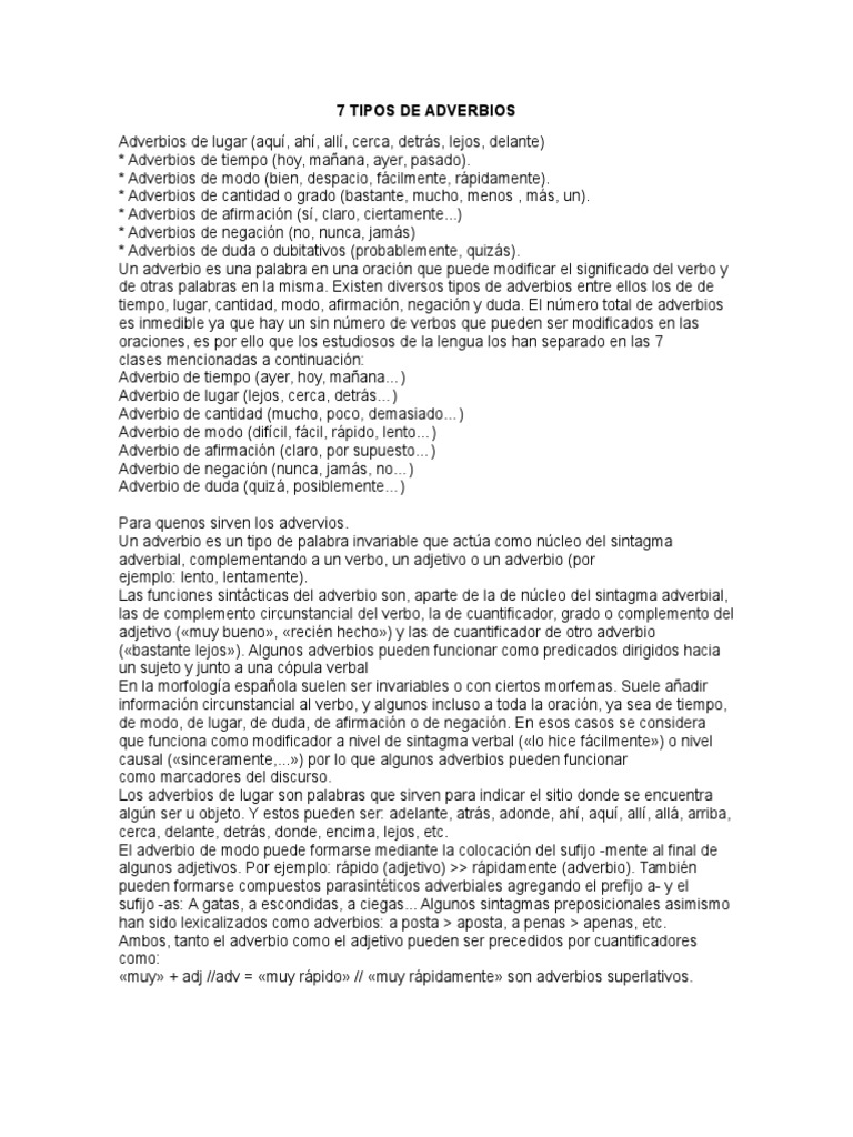Tipos de Adverbios en Español | PDF | Adverbio | Vocabulario