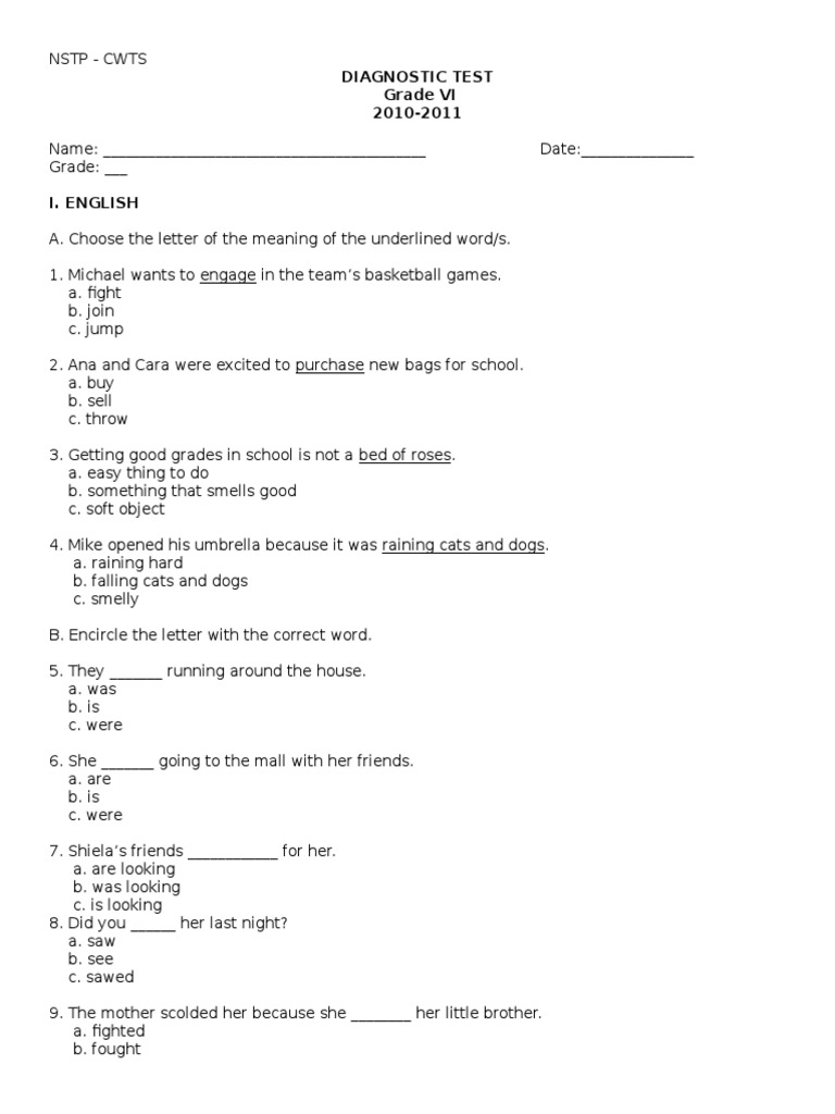 Draft Diagnostic Test For Grade 6 | PDF