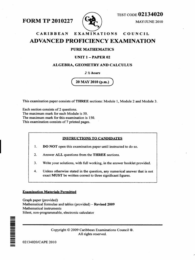 Cape Pure Mathematics Paper 2 2010 PDF | PDF