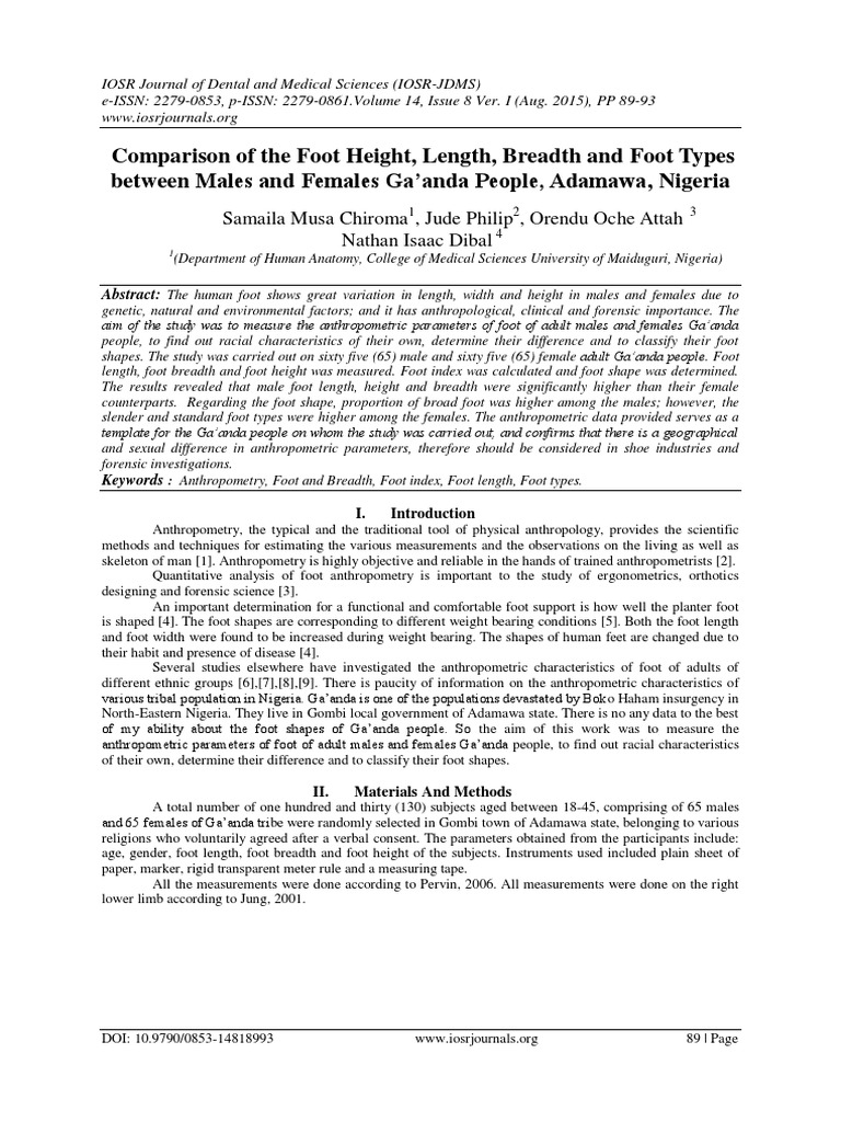 Comparison of The Foot Height, Length, Breadth and Foot Types Between ...