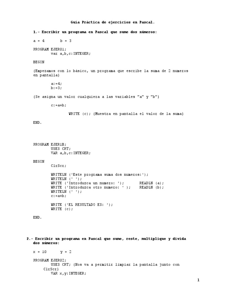 Guía Práctica de Ejercicios en Pascal PDF | Números | Matemática Elemental