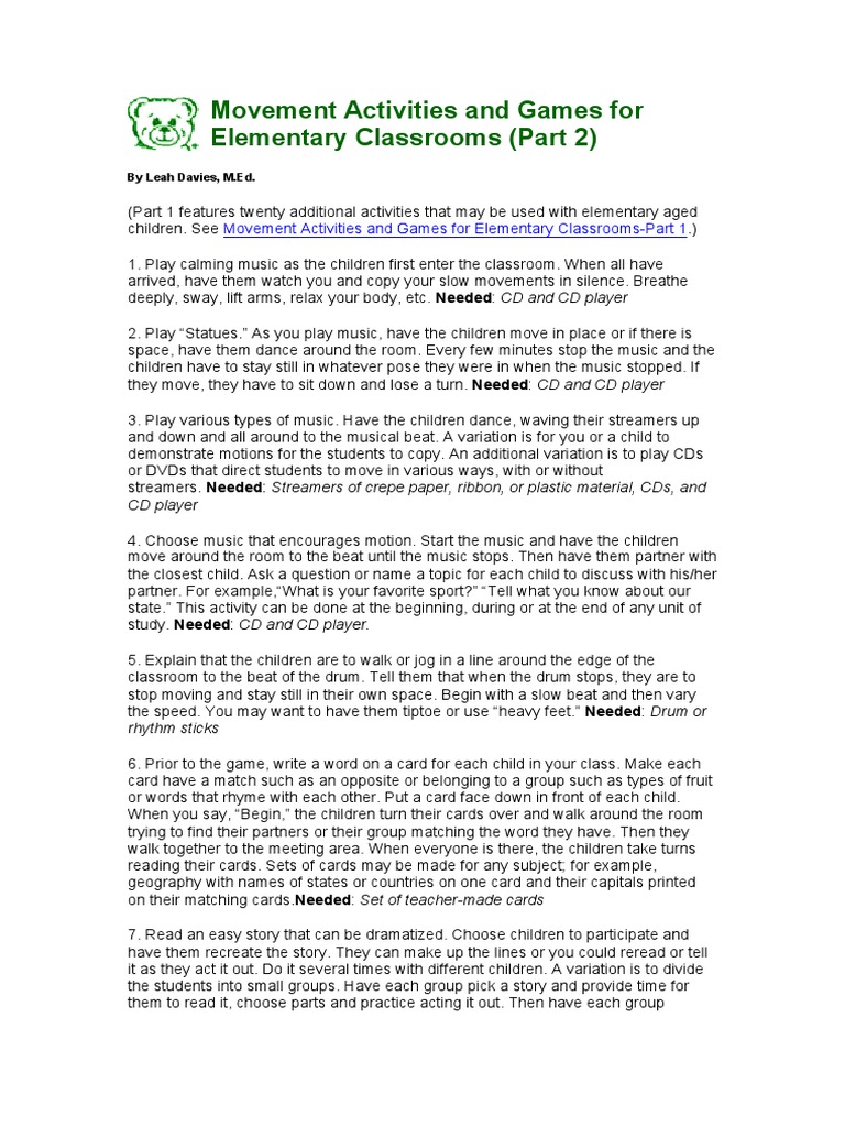 Movement Activities and Games For Elementary Classrooms | Download Free ...