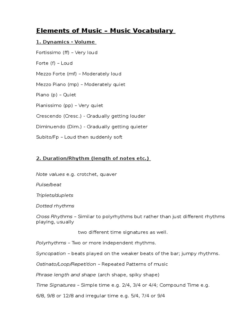 Elements of Music - Music Vocabulary | PDF | Tempo | Rhythm