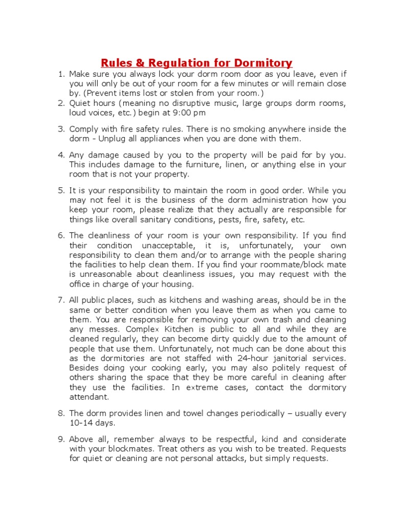 Dormitory Rule & Regulations | PDF | Dormitory | Business