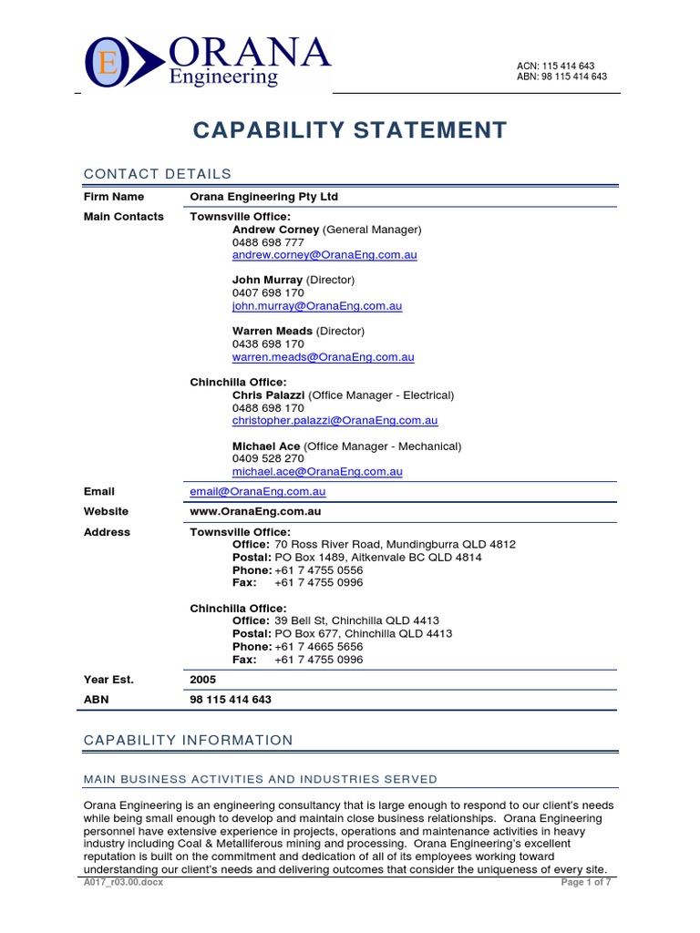 A017 r03.00+-+Orana+Engineering+Capability+Statement | PDF | Quality ...