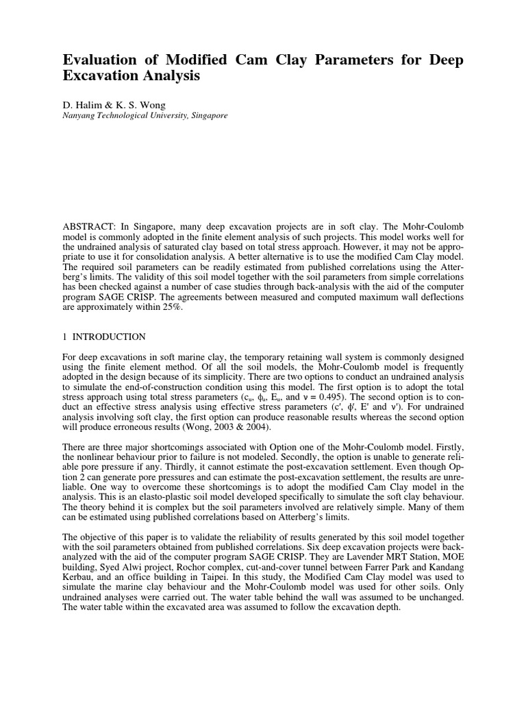UGS 2005 - Evaluation of Modified Cam Clay Parameters For Deep Excavation Analysis | PDF ...