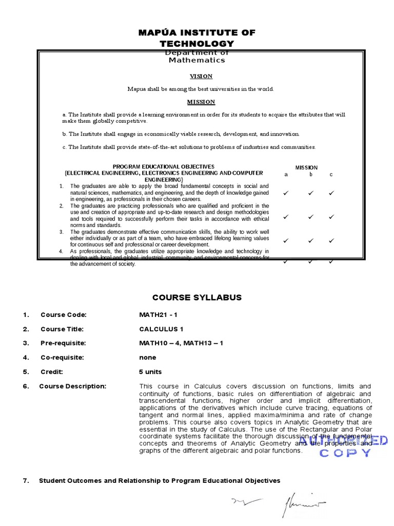 MATH 21: Calculus I Syllabus | PDF | Derivative | Line (Geometry)