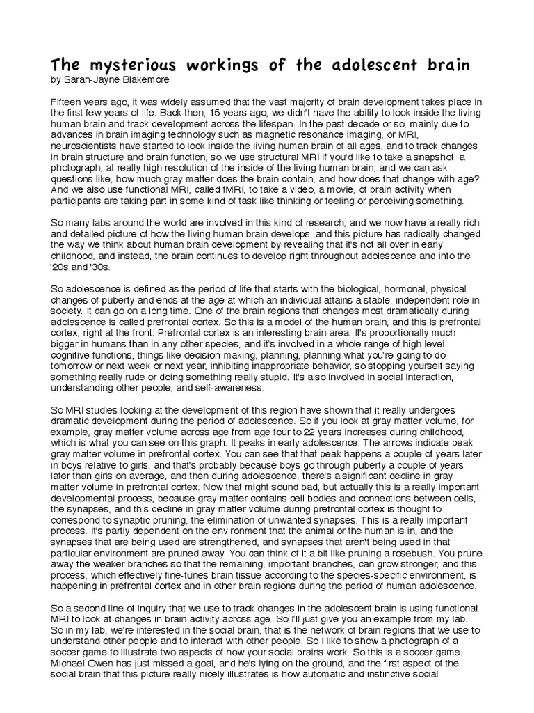 Adolescent Brain Development | PDF | Prefrontal Cortex | Adolescence