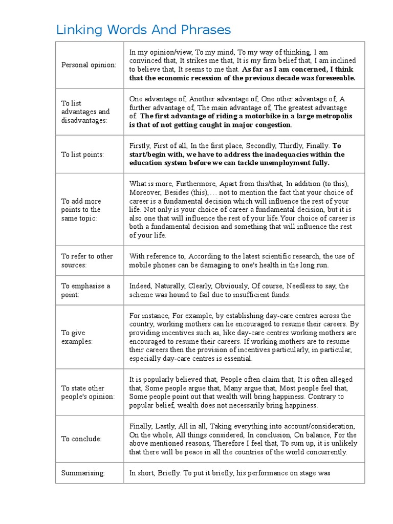 Essential Linking Words and Phrases | PDF | Argument | Causality