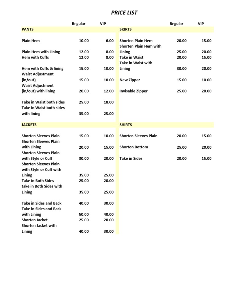 Tailoring Price List 2024 | PDF | Lifestyle