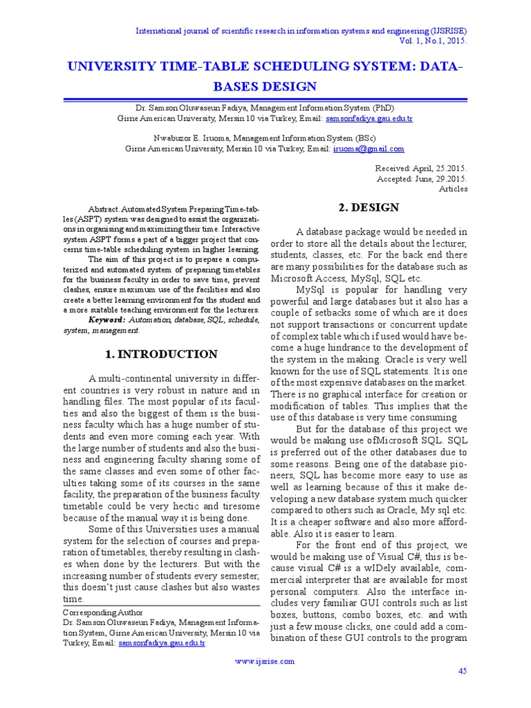 University Time Table Scheduling System Databases Design | PDF | Sql | Databases