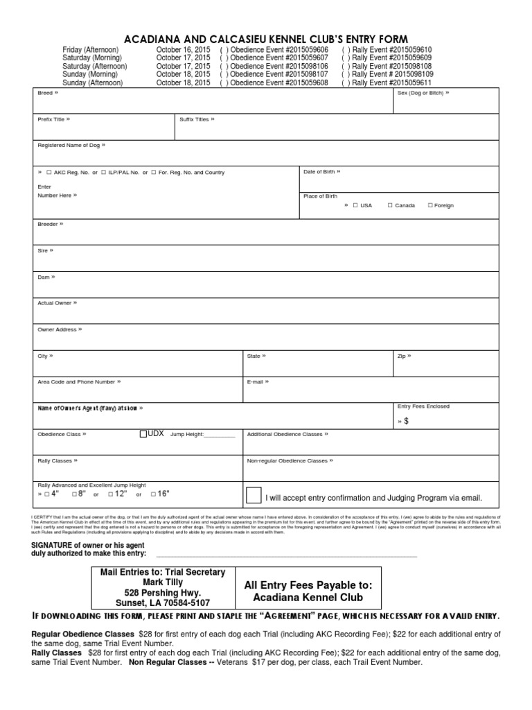 2015 Acadiana Calcasieu Entry Form | PDF | American Kennel Club ...