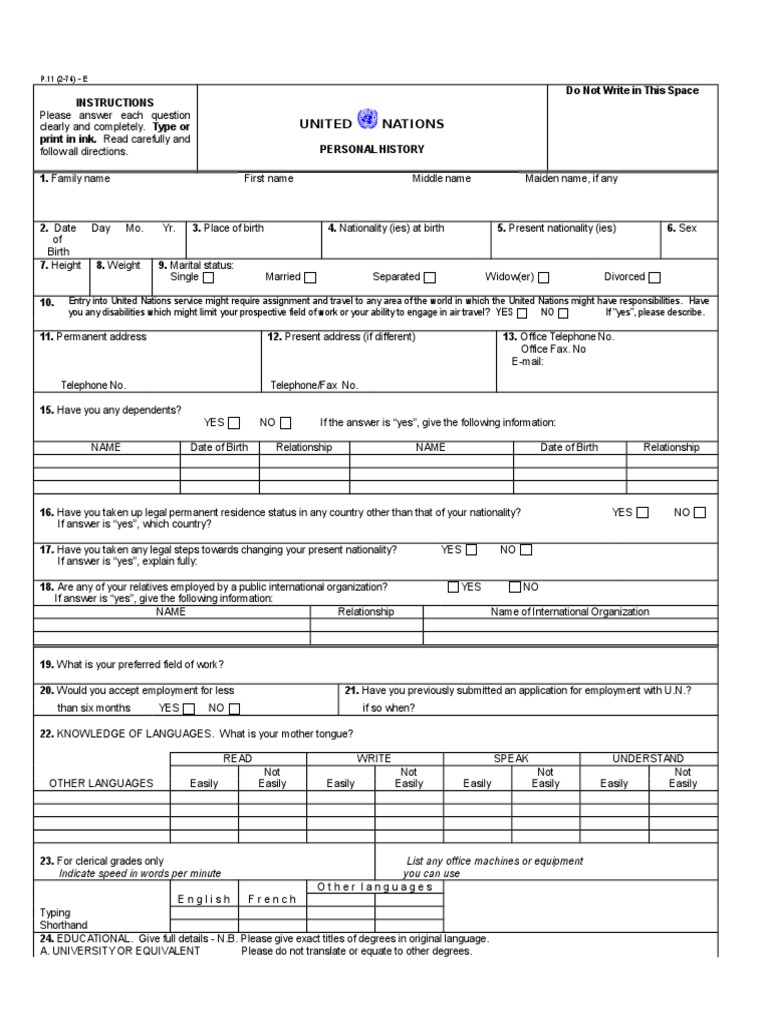 Personal History Form UN P 11 UNICEF | Employment | Salary