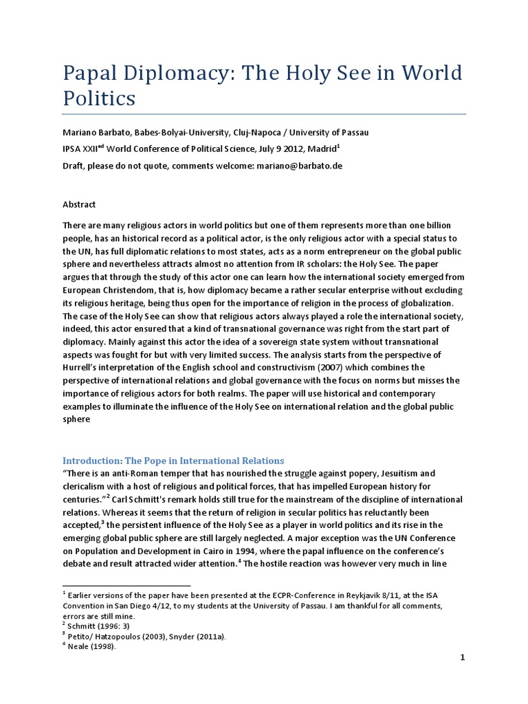 Papal Diplomacy - The Holy See in World Politics | PDF | Pope | Vatican ...