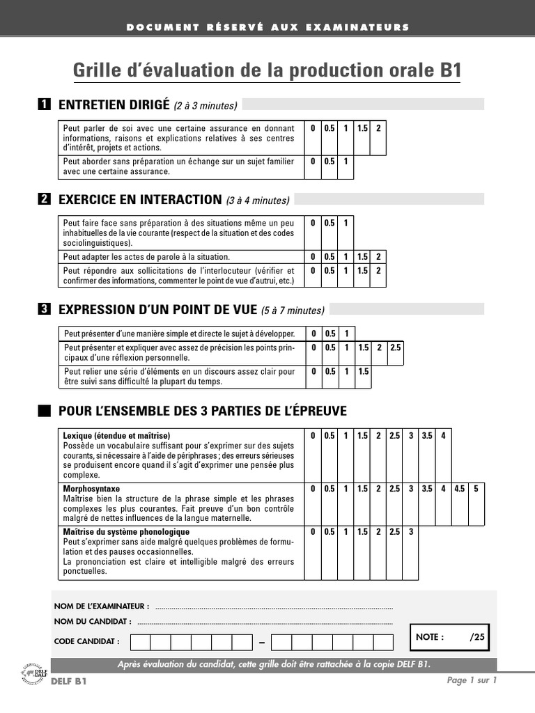 Grille d'évaluation DELF B1 Production Orale | PDF