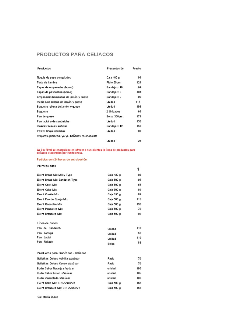 La Sin Rival Precios Productos | PDF | Postres | Gluten