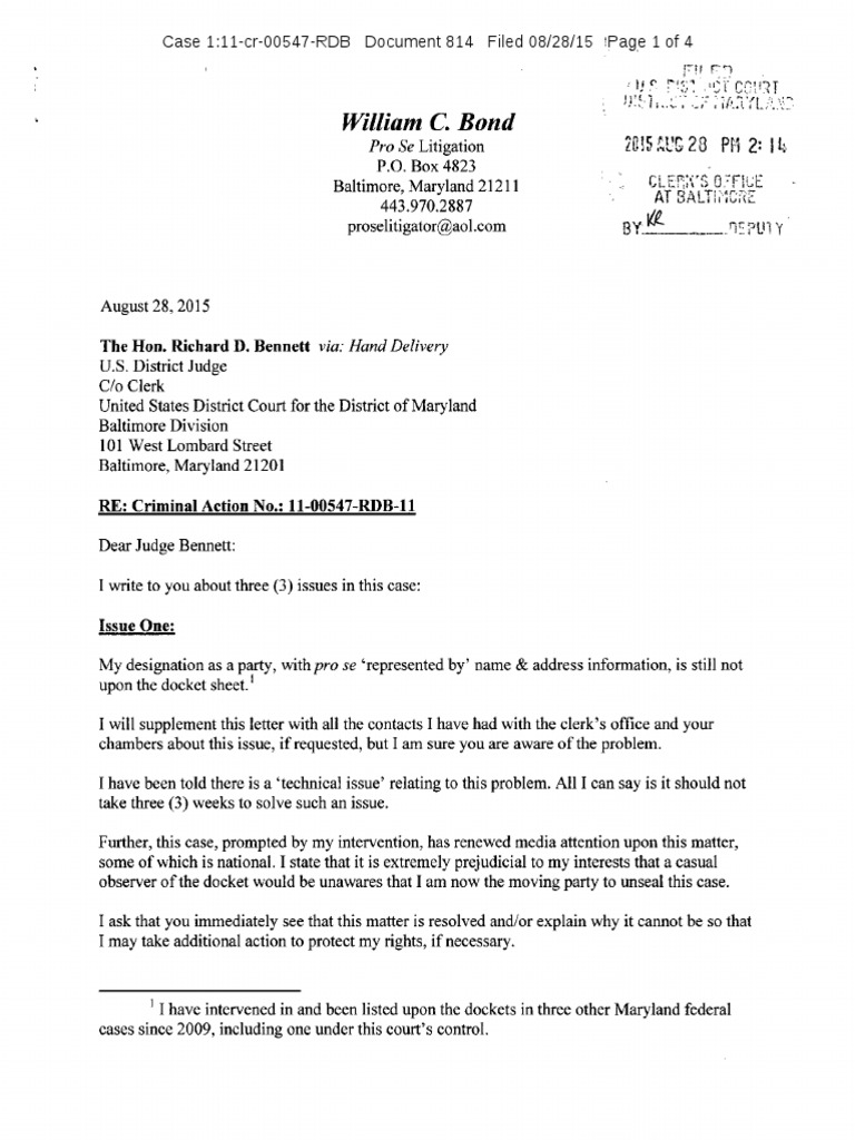 Bond Letter To U.S. Judge Richard D. Bennett Re: Unsealing The 'DEAD ...