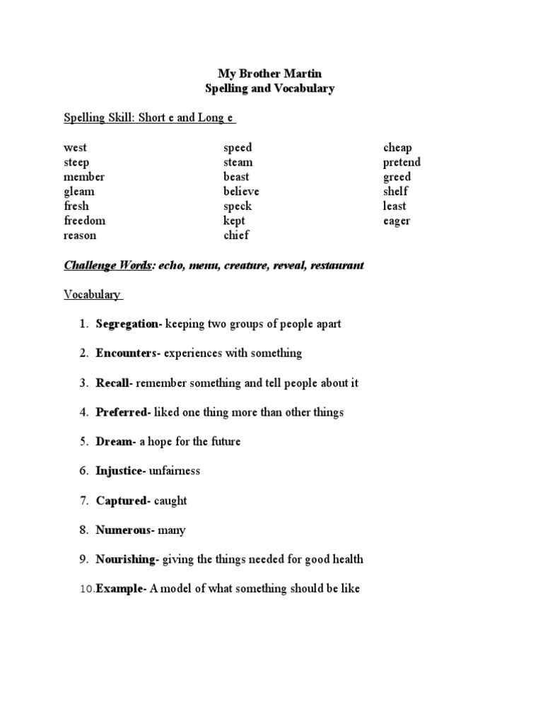 Spelling and Vocabulary for "My Brother Martin" | PDF