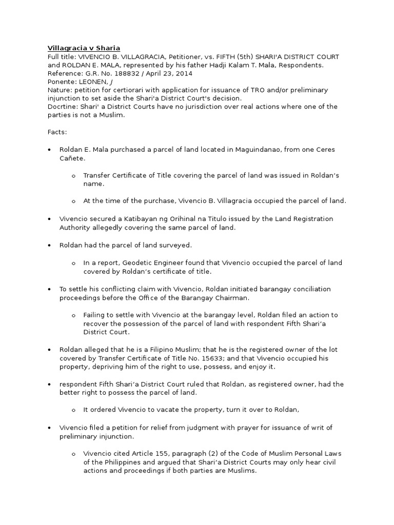 Villagracia V Sharia | PDF | Sharia | Jurisdiction