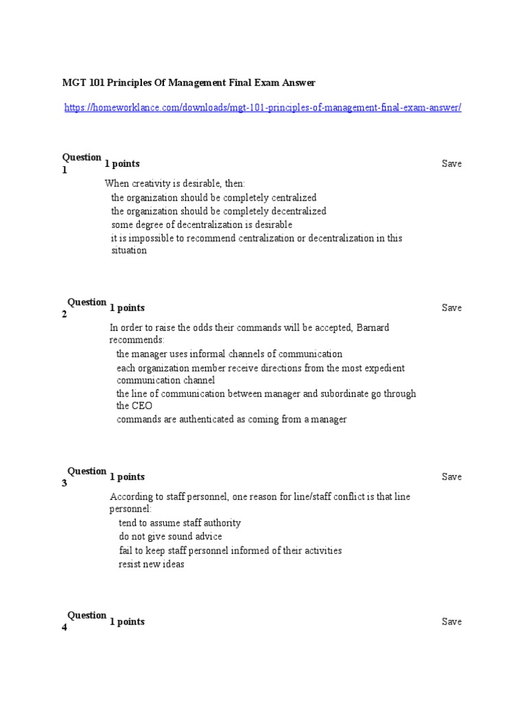 MGT 101 Principles of Management Exam Answers | PDF | Performance ...