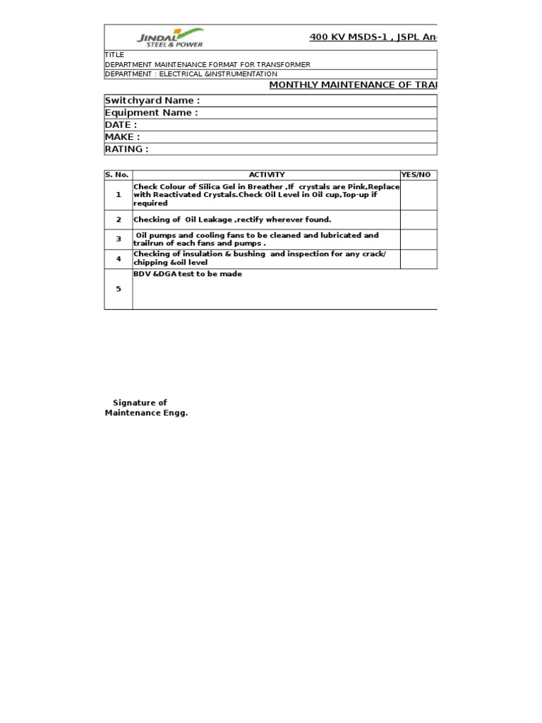 400 KV MSDS-1, JSPL Angul: Title Department Maintenance Format For Transformer Department ...