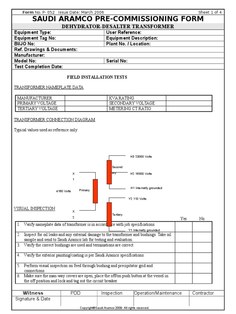 Saudi Aramco Pre-Commissioning Form: Dehydrator-Desalter Transformer ...