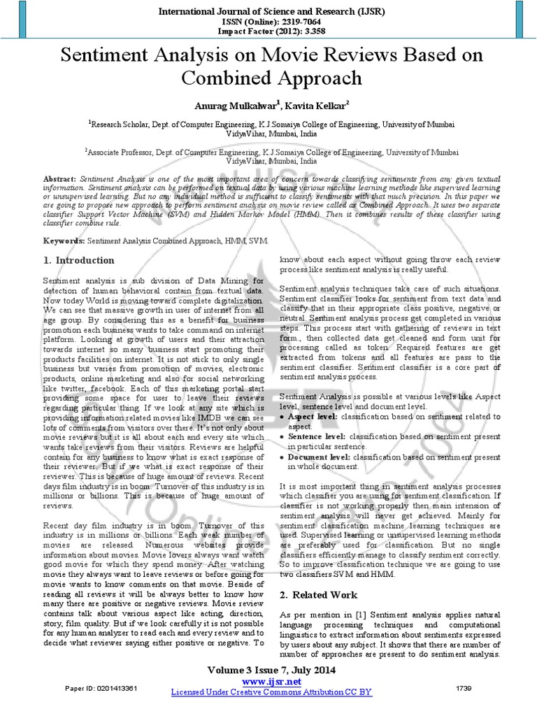 Sentiment Analysis On Movie Reviews Based On Combined Approach | PDF ...