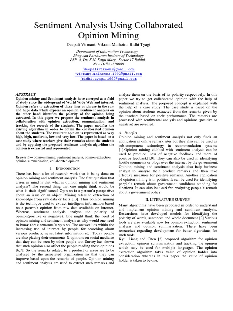 Sentiment Analysis Using Collaborated Opinion Mining: Deepali Virmani ...