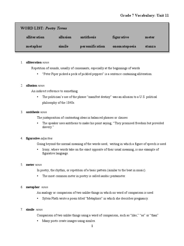Grade 7 Vocabulary 11 | Poetry | Noun