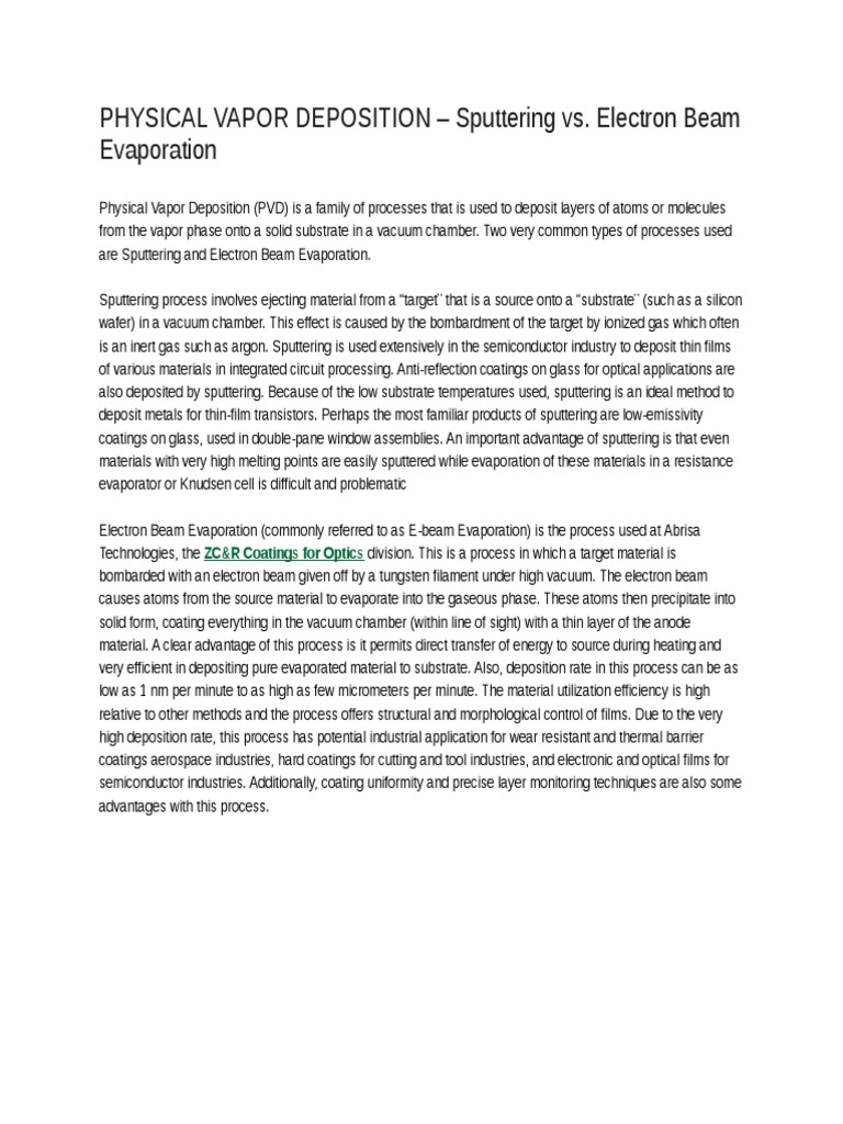 PHYSICAL VAPOR DEPOSITION - Sputtering vs. Electron Beam Evaporation | PDF | Thin Film | Sputtering