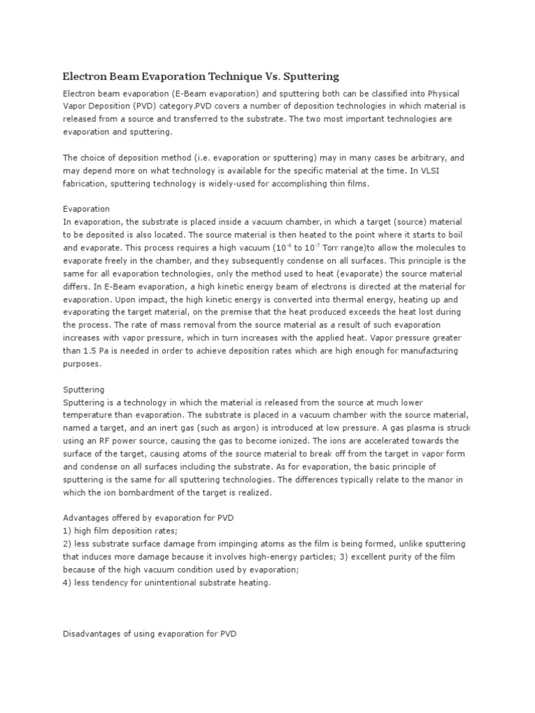 Electron Beam Evaporation Technique vs. Sputtering | PDF | Sputtering | Evaporation