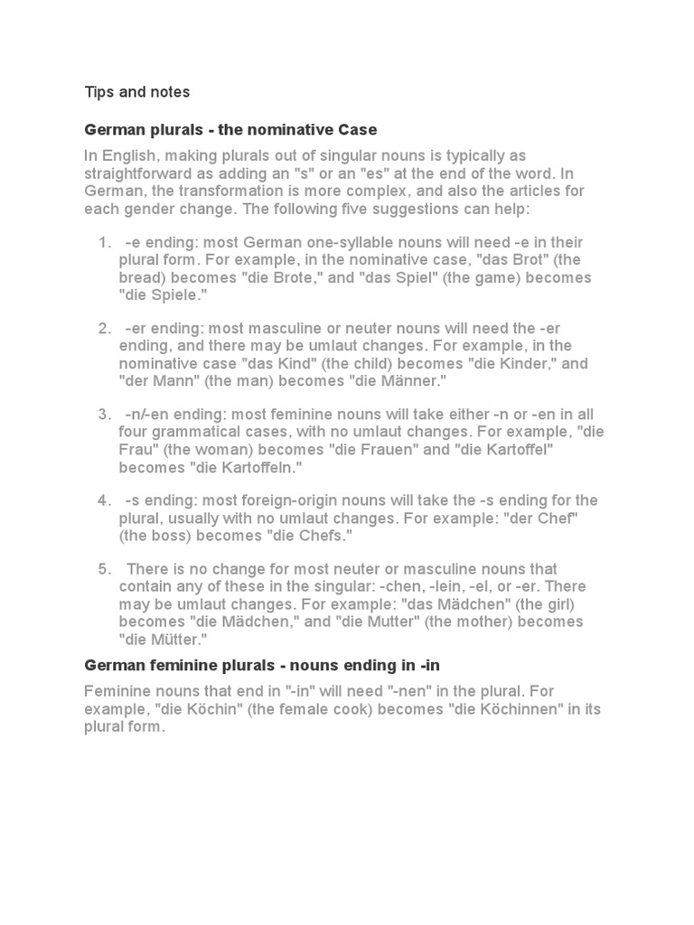 German Plural Noun Guidelines | PDF | Language Arts & Discipline ...