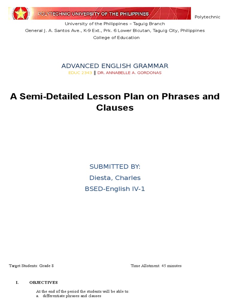 Lesson Plan on Phrases and Clauses | PDF | Verb | Adverb