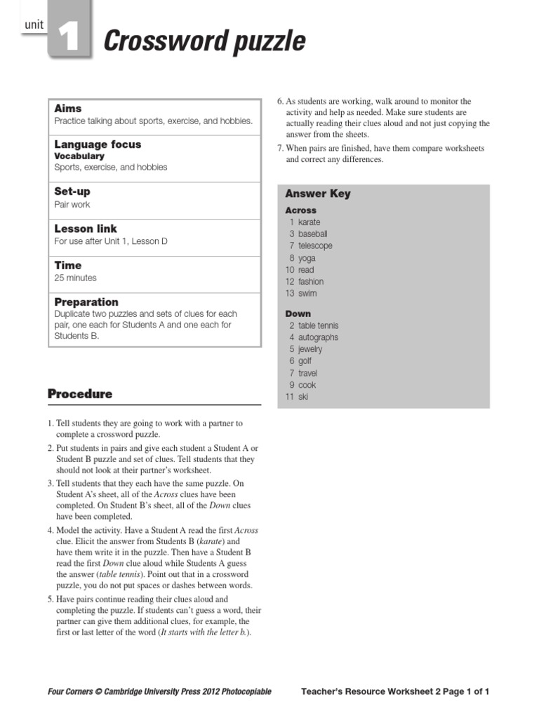 Four Corners Level2 Unit1 Crossword Puzzle Teachers Resource Worksheet2 ...